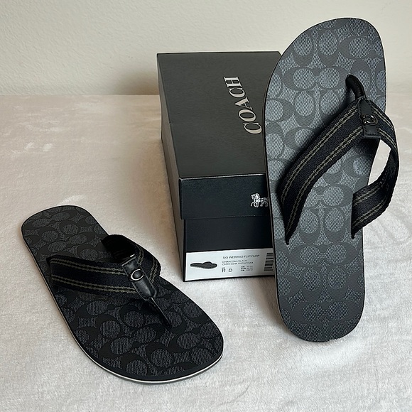Coach | Shoes | Coach Mens Signature Webbing Flip Flops Charcoalblack ...